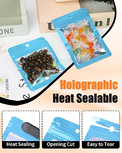Holographic Bags Packaging Bags 300 PCS Blue Resealable Bags with Clear Window for Food Storage Small Business (Outer Size 3.54x5.31 Inch/Inner Size 3x4 Inch)