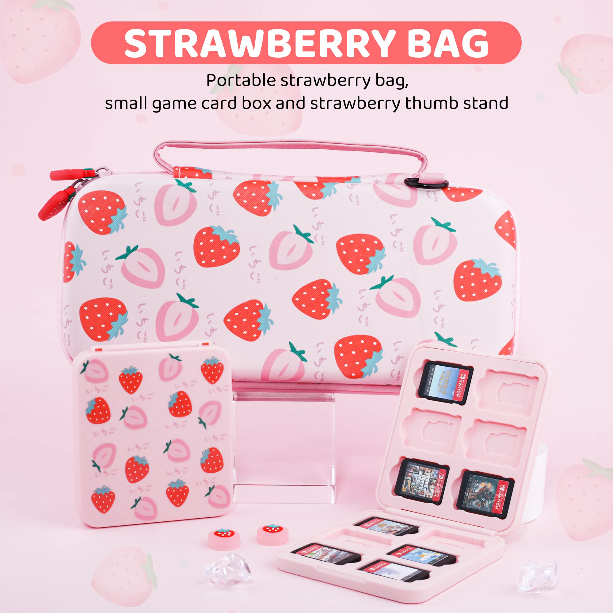 FANPL Carrying Case for Nintendo Switch & Switch OLED, Pink Cute Strawberry Travel Hard Protectiv Case for Switch with Adjustable Shoulder Strap, Game Case, Thumb Grips - Super soft plush lining