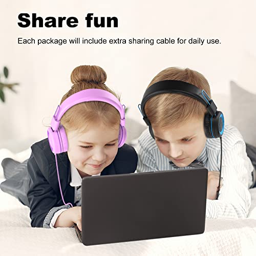 Kids Headphones Wired Headset for School with Adjustable Headband,3.5mm Jack Foldable On-Ear Headphones with Sharing Cable for Girls Boys Teens Children,Pink
