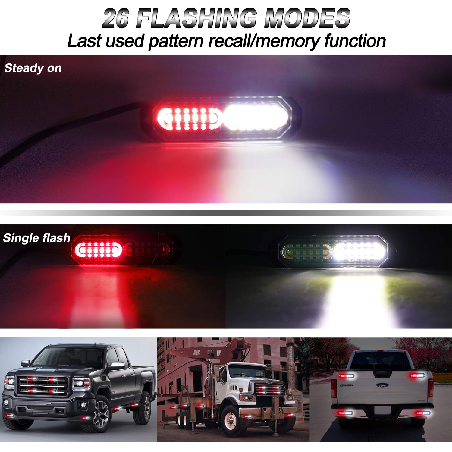 ASPL 8pcs Sync Feature Ultra Slim 12-LED Surface Mount Flashing Strobe Lights for Truck Car Vehicle LED Mini Grille Light Head Emergency Beacon Hazard Warning lights (Red/White)