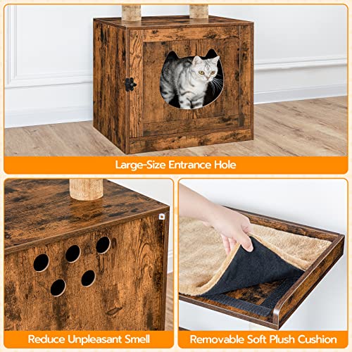 HOOBRO Litter Box Enclosure with Cat Tree Tower, Litter Box Furniture Hidden with Cute Entrance, Private Washroom with Sisal Scratching Posts, Cat Head Door and Large Platform, Rustic Brown BF11MW03