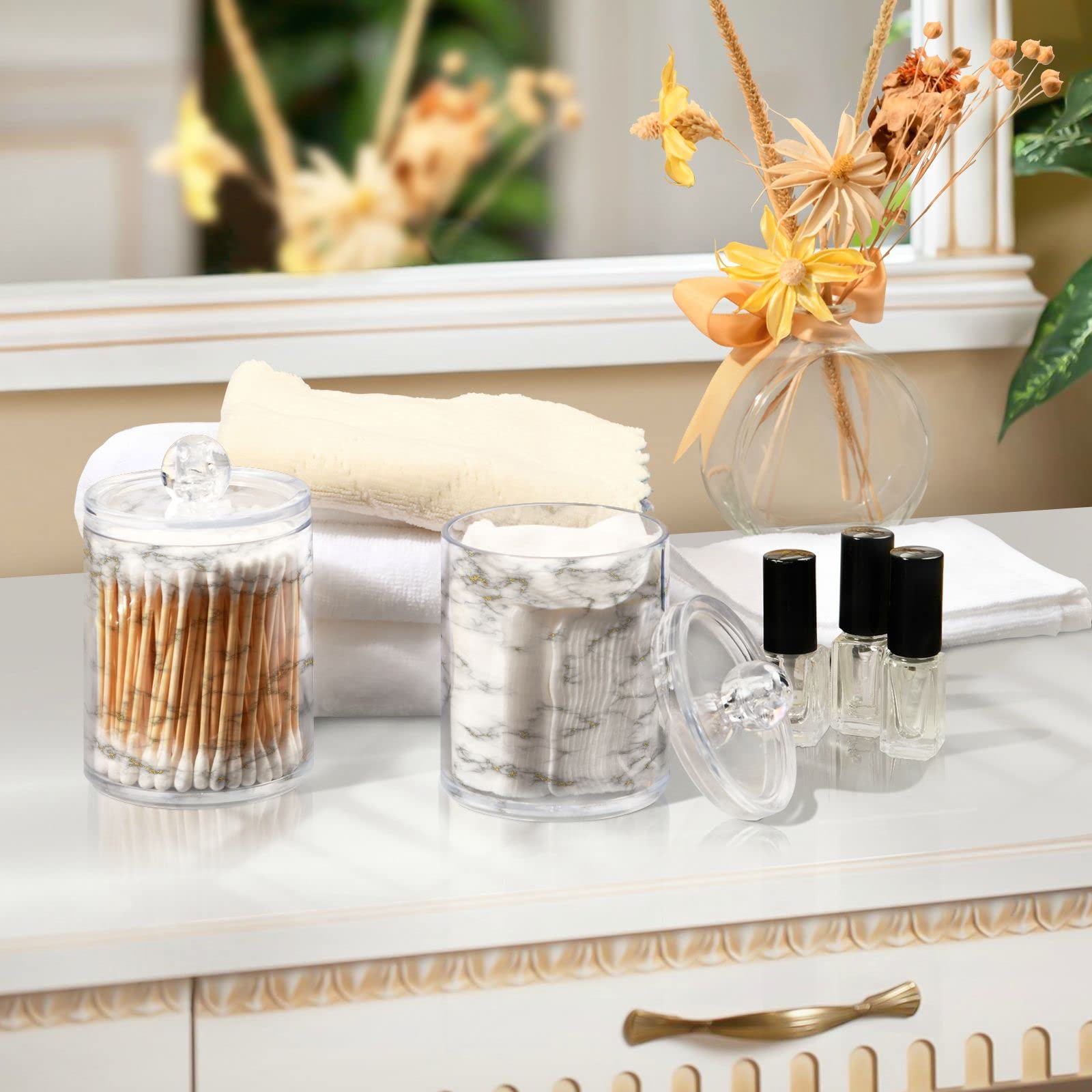 Marble Nature Texture Qtip Dispenser Apothecary Jars White Stone Grain Veins Bathroom Qtip Holder Storage Canister Plastic Jar 10 Oz for Cotton Ball Swab Round Pads Floss 2pcs