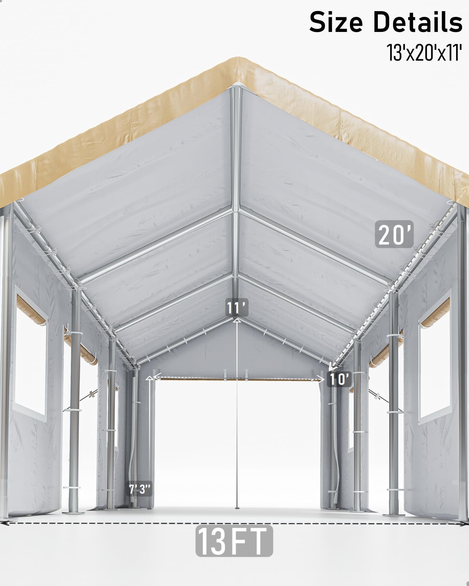 DEXSO Carport 13'x20' Portable Garage, Reinforced Steel Poles, Heavy Duty Carport Canopy, 4 Roll-up Doors & 4 Mesh Windows, for Pickup, Boat, and Equipment, Yellow