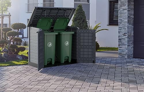 Duramax Cedargrain StoreAway 1200L Plastic Garden Storage Shed/Flat Lid - Outdoor Storage Bike Shed – Durable & Strong Construction– Ideal for Tools, Bikes, BBQs & 2X 240L Bins, 145x85x125 cm, Grey