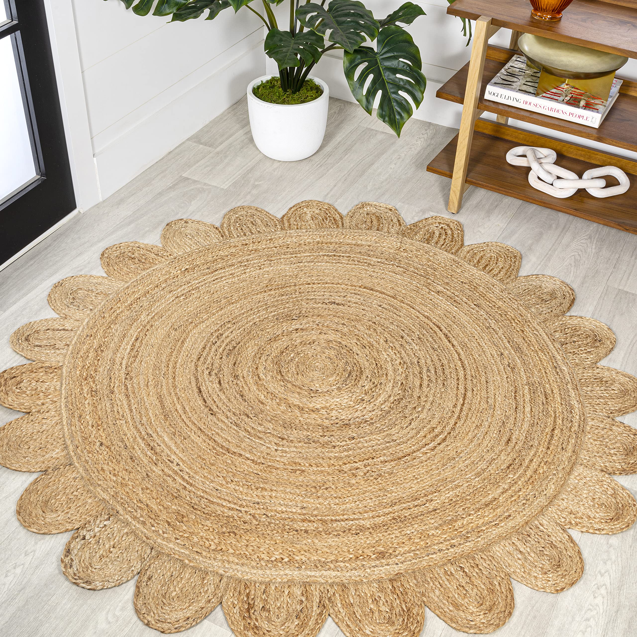 JONATHAN Y RNF112A-6R Petal Boho Jute Scalloped Circle Indoor Area -Rug, Cottage, Bohemian, Rustic Easy -Cleaning,Bedroom,Kitchen,Living Room,Non Shedding, Natural, 6' Round