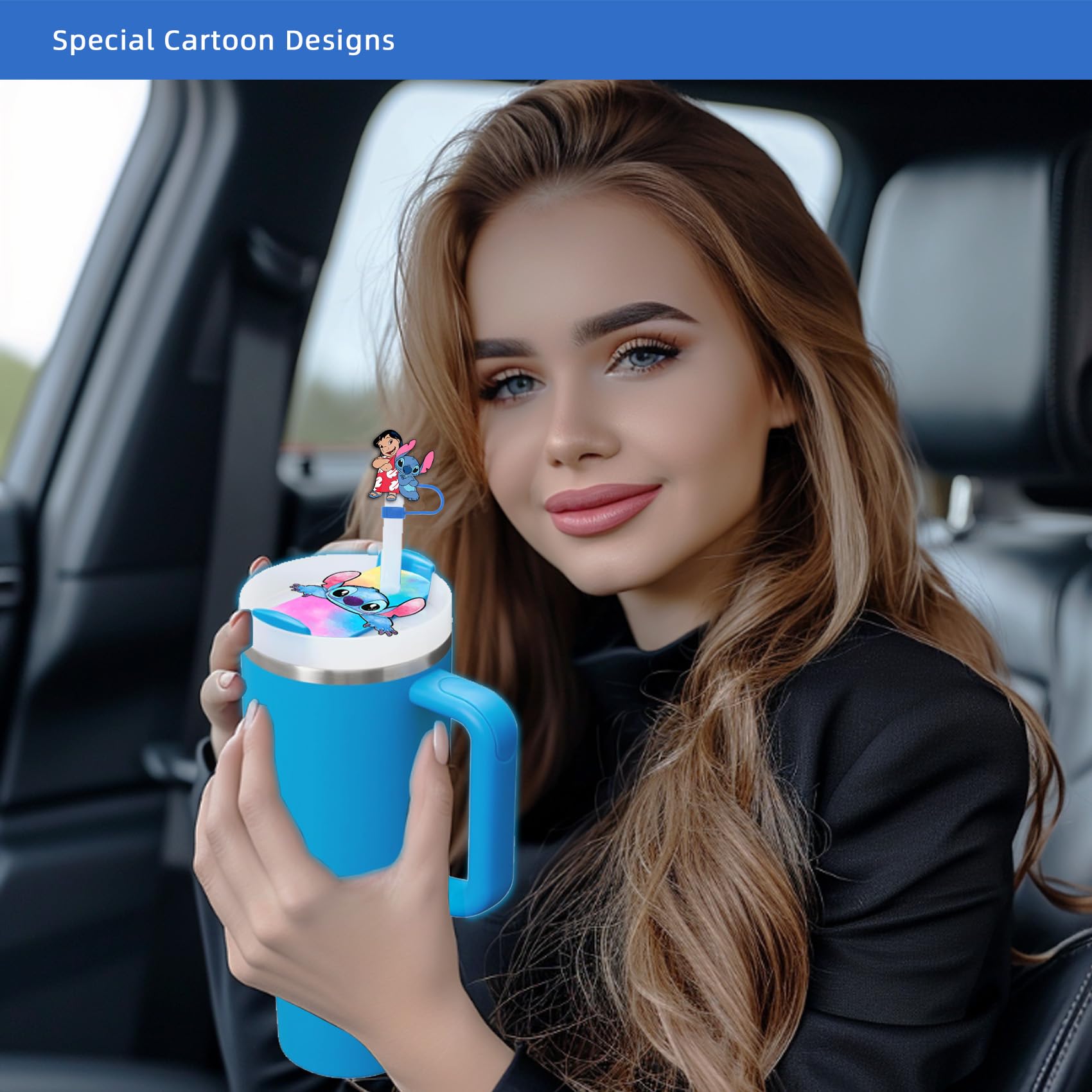 Blue Cartoon Straw Covers Set for 40oz Tumbler Cup, 5PCS 10mm Reusable Silicone Straw Toppers and 1PCS Name Plate for Lid, Blue Straw Topper Cup Accessories