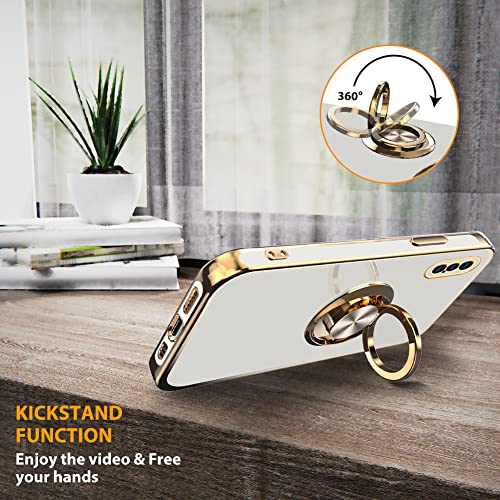 KANGHAR Compatible with iPhone Xs Max Case for Women Girls, Plating Built-in 360 Rotation Magnetic Ring Kickstand Holder Soft Slim Shockproof Bumper Protective Cover (White)