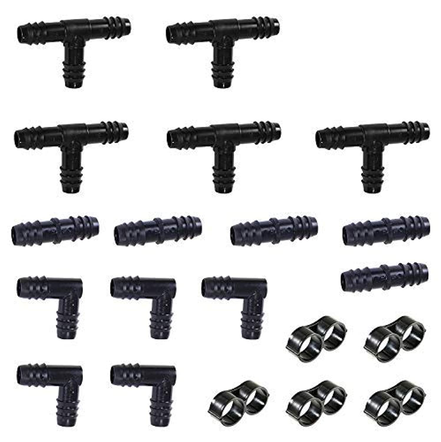 Irrigation Fittings Kit for 1/2" Tubing 20 PIECE SET - 5 Tees, 5 Couplings, 5 Elbows, 5 End Cap Figure 8 Plugs - Barbed Connectors (For Rain Bird 16mm .520 ID and Compatible Drip or Sprinkler Systems)