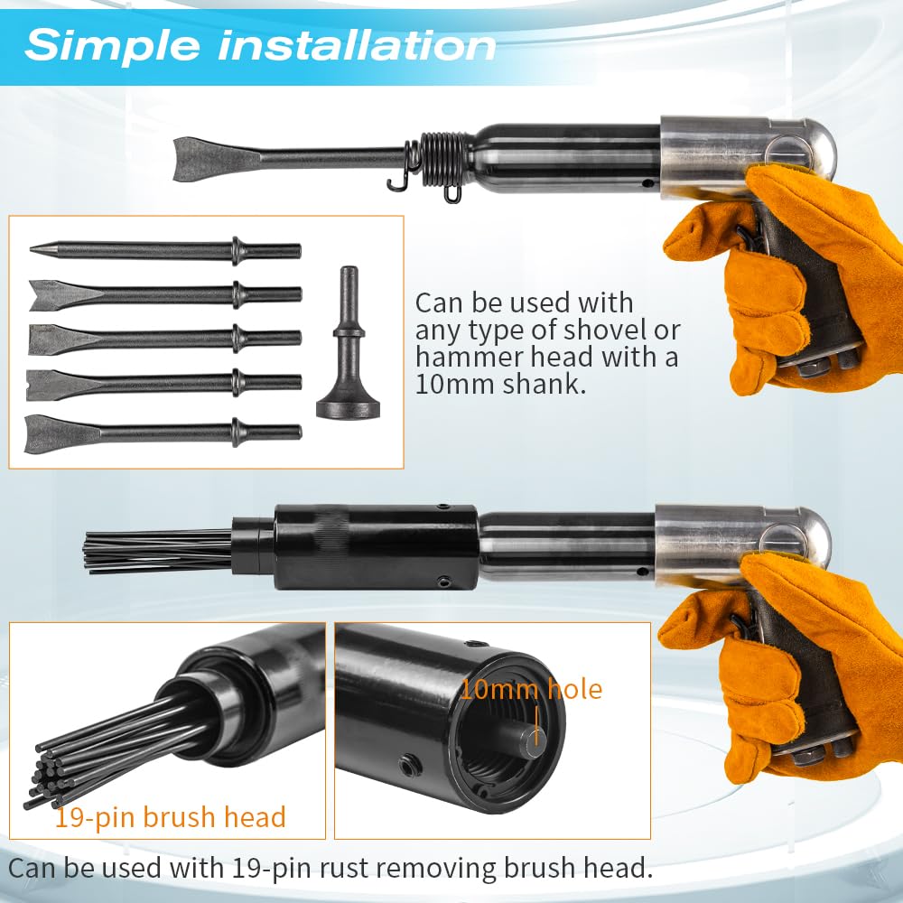BAUSATZ Air hammer Heavy Duty 220mm long barrel air chisel kit with 5pcs chisels Needle Scaler Attachment with 19pcs Needles,5000BPM air chisel for shoveling and cutting (JBCXJ01)