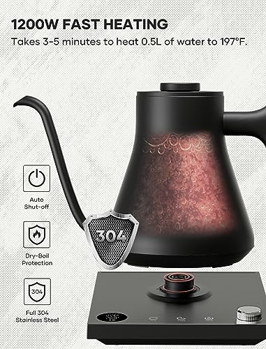 Gooseneck Electric Kettle, Offacy Pour Over Tea Kettles with LED Screen, ±1℉ Temperature Control, Full 304 Stainless Steel, Quick Heating, Hold, Mute, 0.68mm V-Shaped Spout, Hot Water Boiler, 0.9L