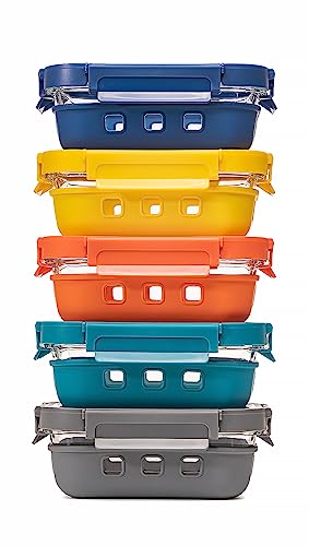 GENICOOK Borosilicate Tempered Glass Food Storage Containers with Glass Lid - Food Grade Silicone Wrap & Air Release Vent, Rectangle shape - 10 pc set (5 Containers - 5 Matching Lids) Multi-colored