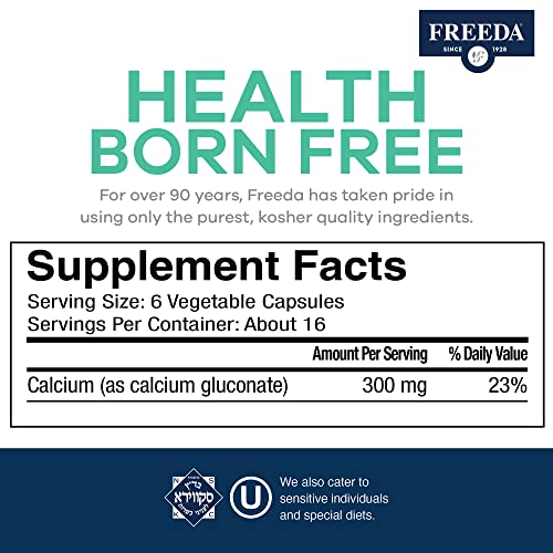 Freeda Calcium Gluconate - Kosher Vegan Calcium Supplement for Women & Men - Easy to Digest - Bone Health Supplement & Joint Support - Pure Calcium Supplement Without Vitamin D (100 Capsules)