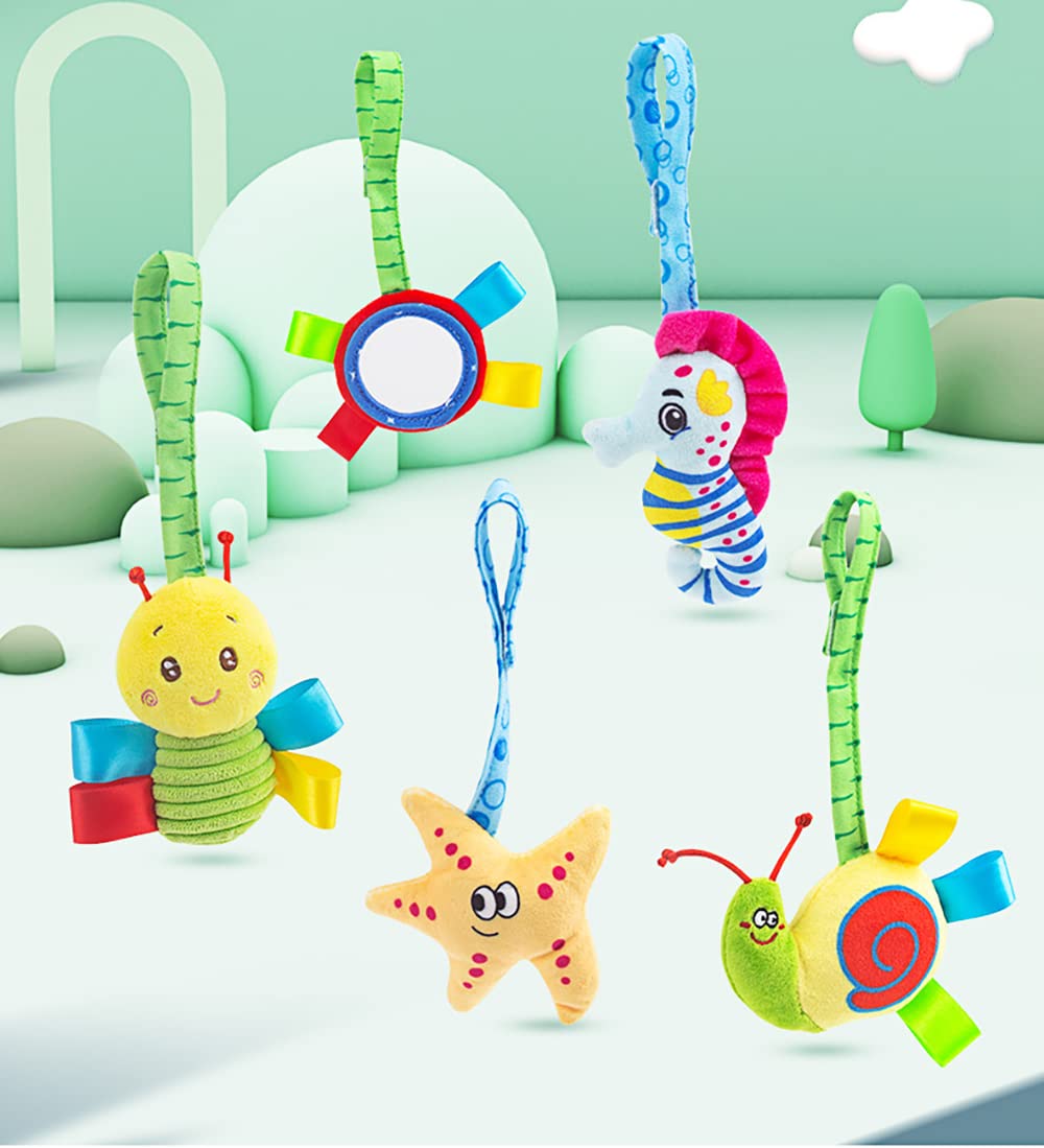 Baby Car Seat Toys for Crib and stroller with squeak and mirror (Dinosaur)