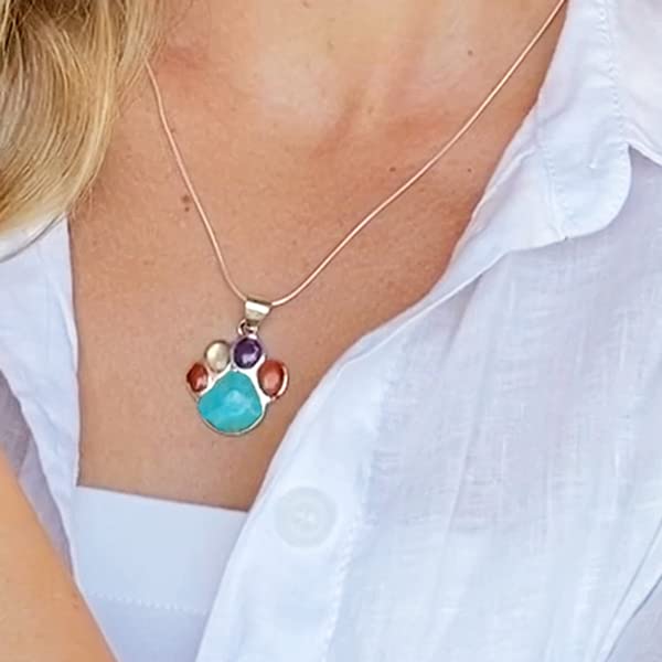 Dog Paw Pendant Necklace 925 Sterling Silver Genuine Turquoise & Gemstones (20", Multi)