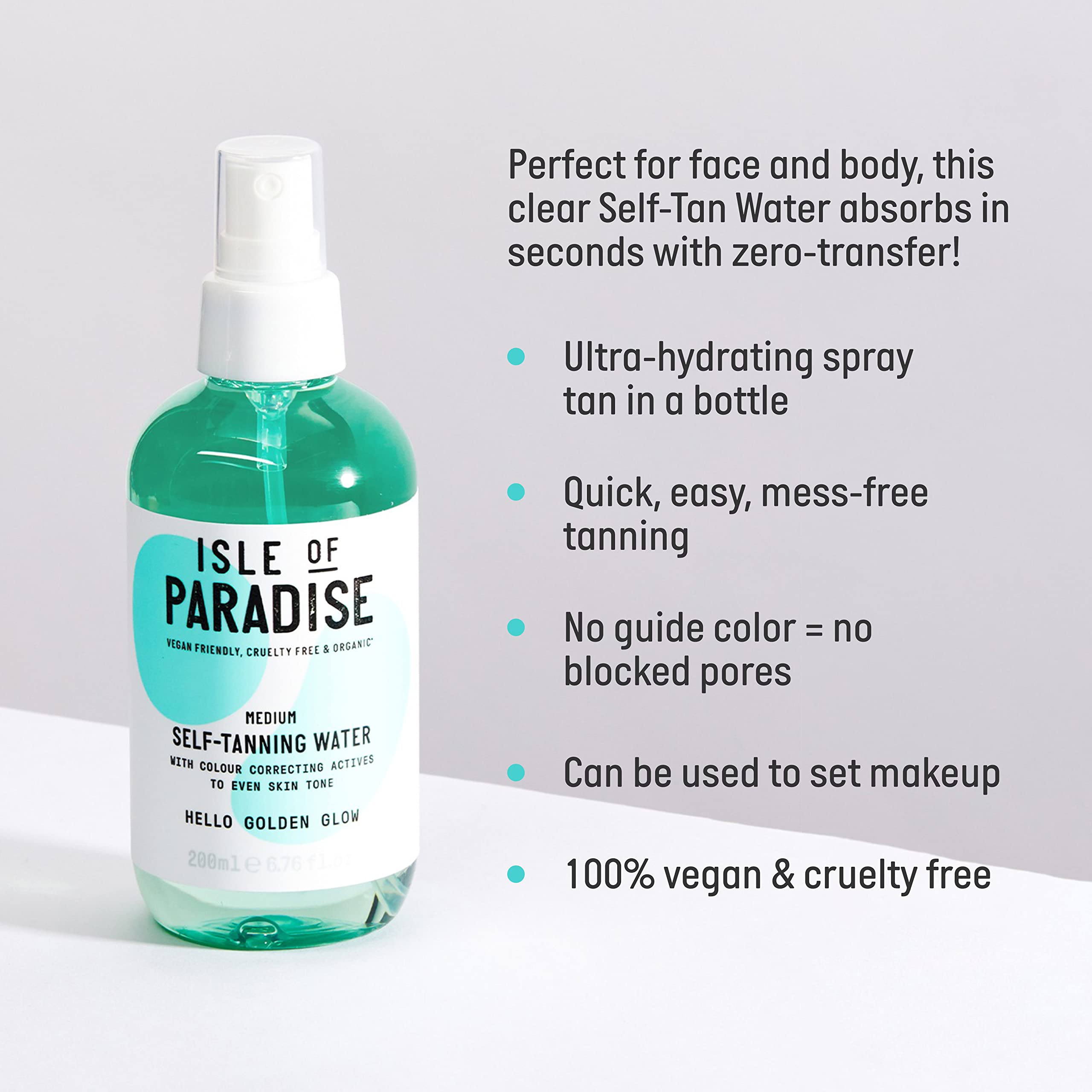 Isle of Paradise Self Tanning Water, Medium (Golden Glow) - Color Correcting and Red Cancelling Self Tan Spray, Vegan and Cruelty Free, 6.76 Fl Oz
