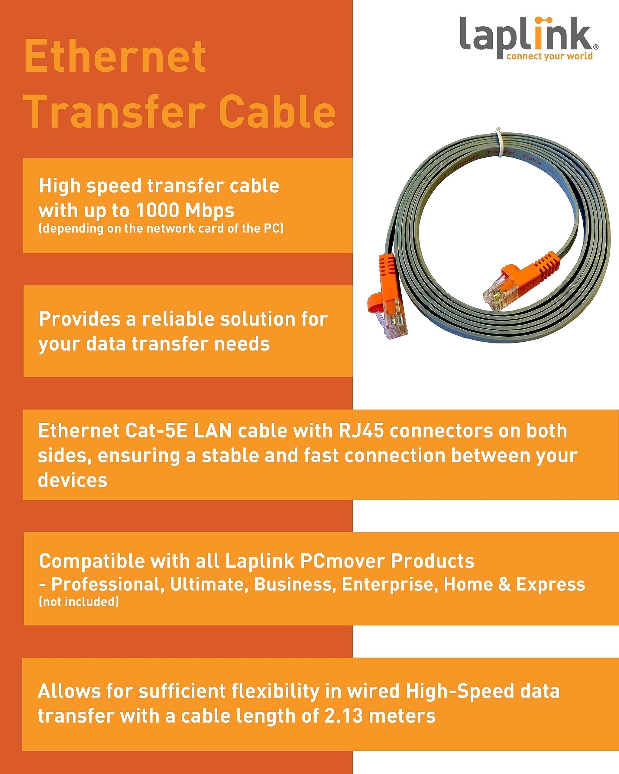 LAPLINK Ethernet High-Speed Transfer Cable - to use with PCmover Migration Software (not Included) - High-Speed Data Transfers up to 1 Gbps