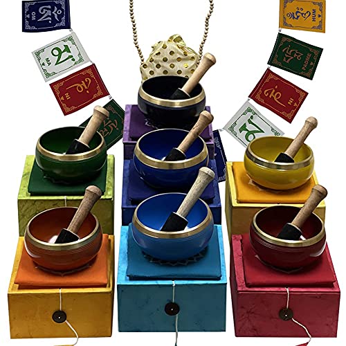 Chakra Singing Bowls Set Cuencos Tibetanos With Cushion Mallet Tulsi Beads Mala Tibetan Prayer Flag For Meditation Mindfulness - Style1 Size Medium