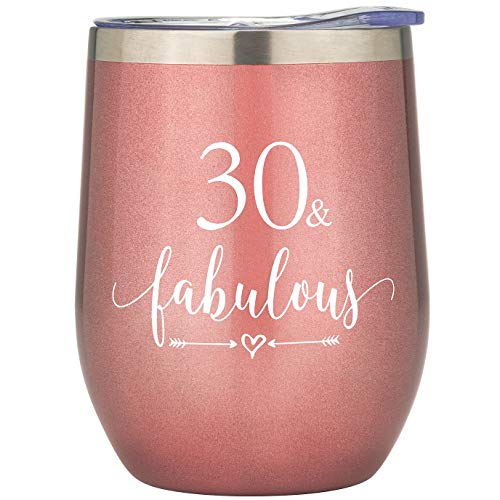 Crisky Rose Gold 30 & Fabulous Wine Tumbler for Women 30th Birthday Gifts for Women, Wife, Mom, Sister, Aunt, Friends, Coworker Her, Vacuum Insulated Coffee Cup,12oz with Box, Lid, Straw