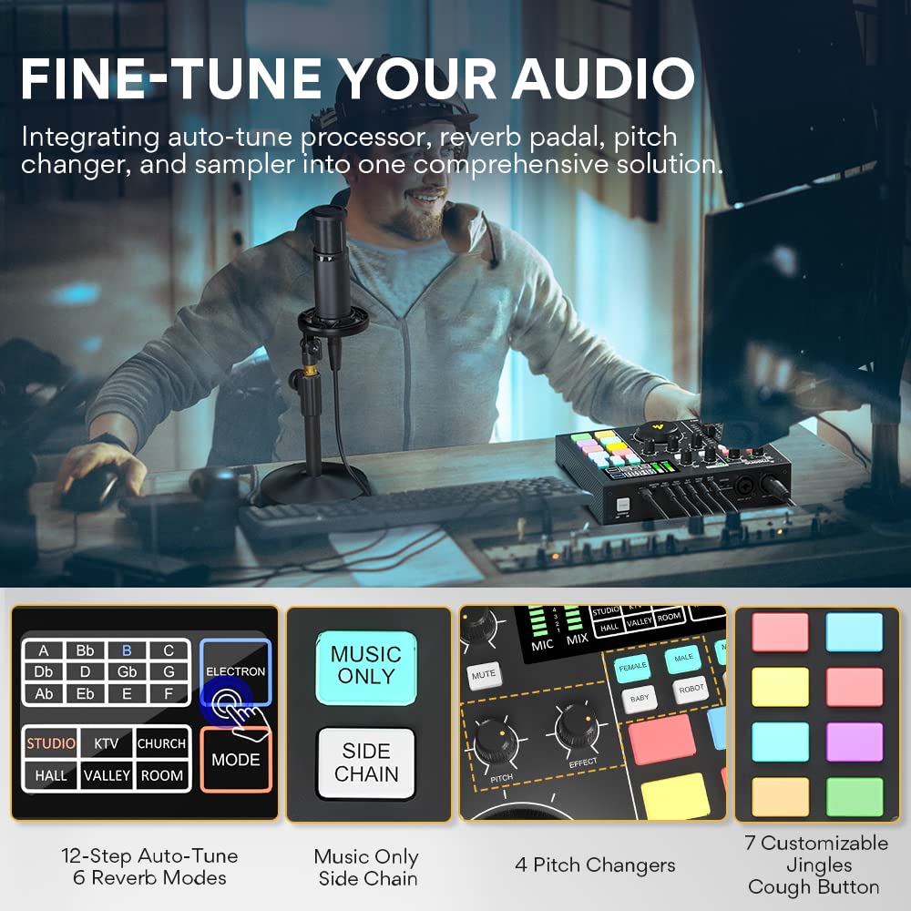 Audio Interface with DJ Mixer and Sound Card, Maonocaster Portable ALL-IN-ONE Podcast Production Studio with XLR Condenser Microphone for Guitar, Live Streaming, PC, Recording, and Gaming (AM100 K0)