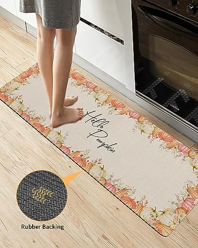 Elegant Flower Pumpkins Bath Mat for Tub,Non Slip Bathroom Floor Runner Rug Quick Dry & Absorbent Diatomaceous Earth Shower Sink Kitchen Washable Doormat,Fall Aesthetic Eucalyptus Leaves 20"x47"