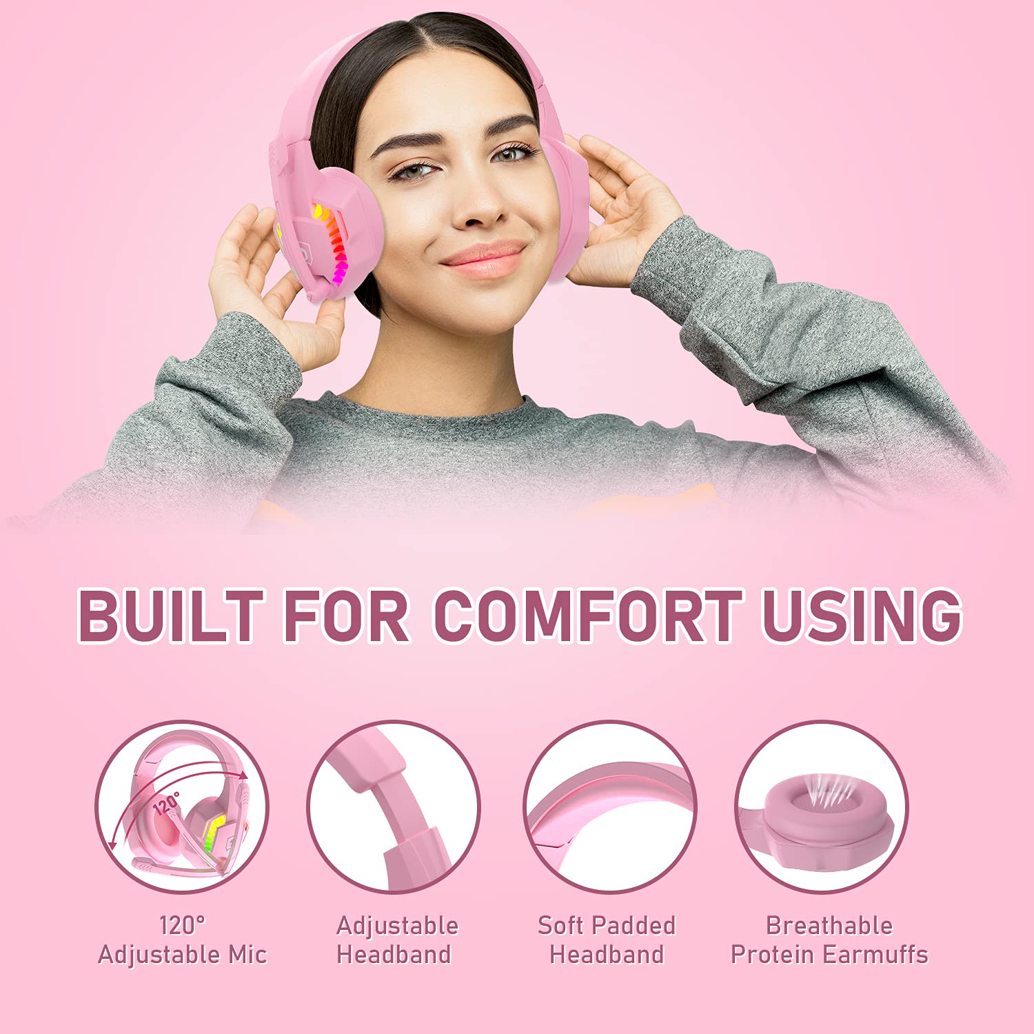 Gaming Headset with Microphone for PS4 PC Xbox One PS5 Controller,Noise Cancelling Over Ear Headphones with Adjustable Mic,Breathing RGB Light,Bass Surround,Soft Memory Earmuffs for Laptop Mac(Pink)