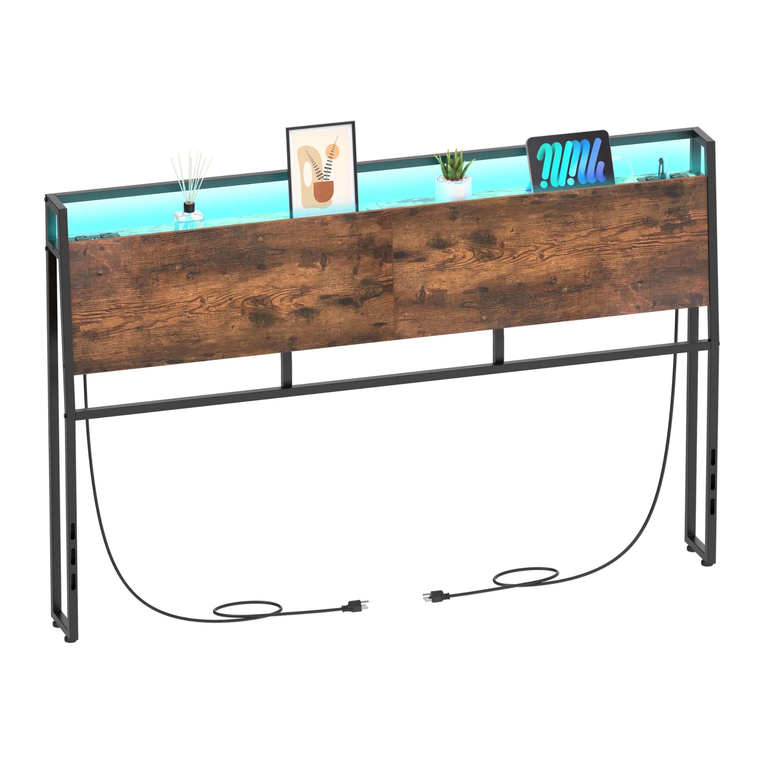 GiftGo King Size Headboard Ergonomic Headboard with 4 Outlets and 4 USB Ports LED Light Adjustable Height Storage Rack Sturdy and Stable Metal Frame & Wood Shelf Easy Assembly (Brown, King)