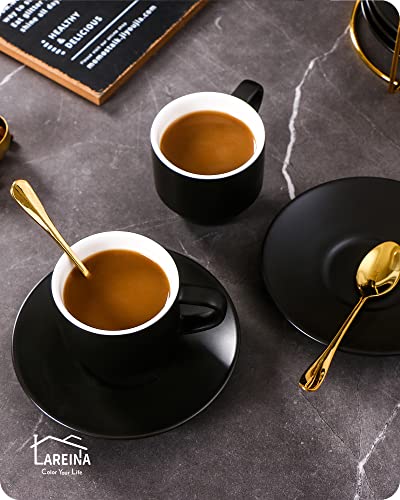 Lareina Porcelain Stackable Espresso Cups with Saucers, Spoons and Metal Stand 4 Ounce Small Cappuccino Coffee Cups Set of 6 - Ceramic Demitasse Cups for Nespresso Lungo, Double Espresso, Black