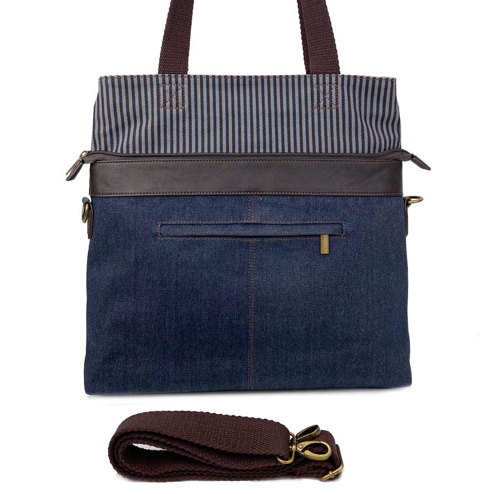 CHALA Denim Convertible Stripe Work Tote in Navy Blue (Metal Slim Cat)