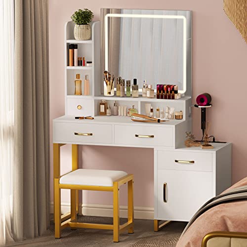 DWVO Vanity Desk with Mirror and Lights, Makeup Vanity with Lights and Drawers, Vanity Mirror with Lights and Table Set, 3 Color Adjustable Lighting Brightness & Power Outlet, White