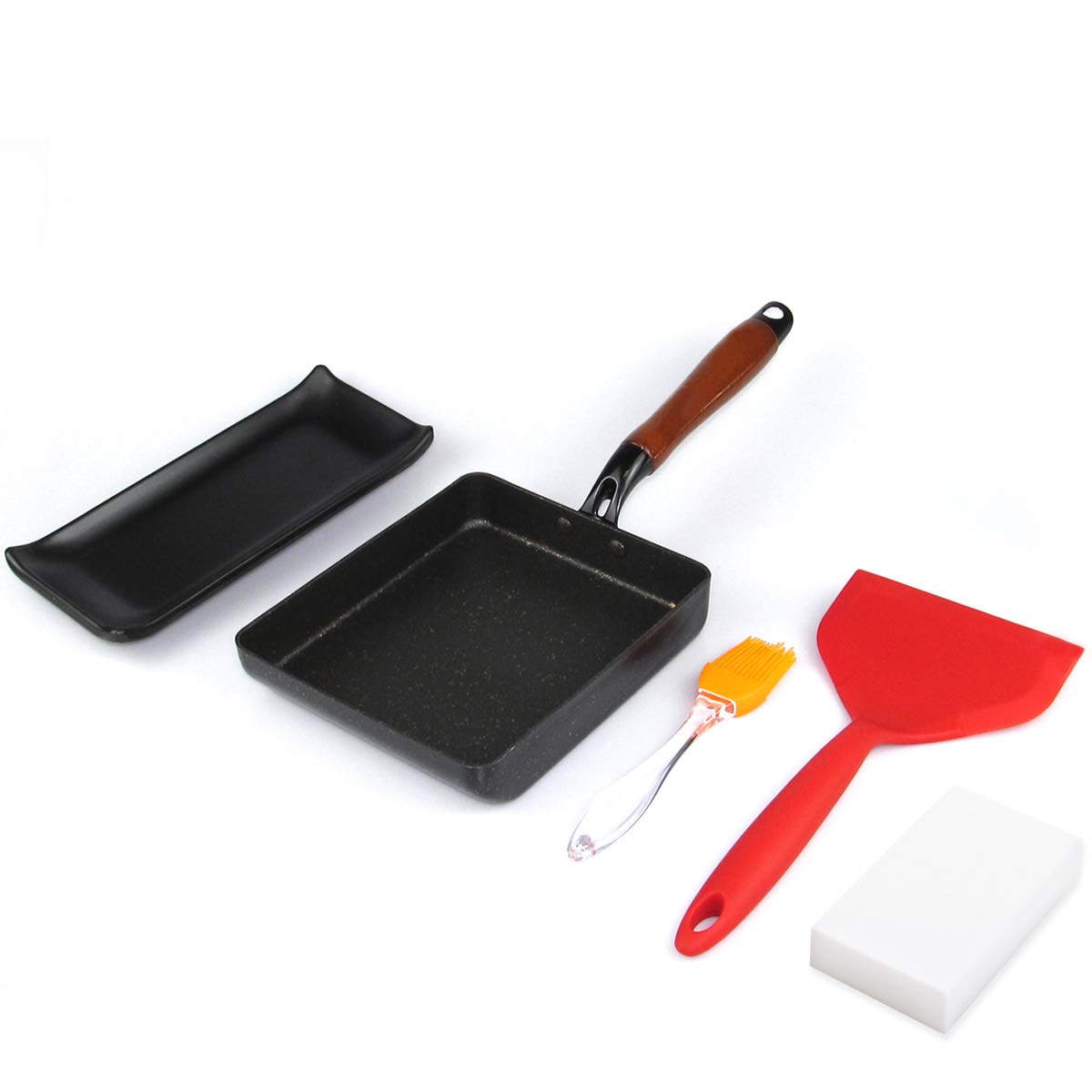 Artcome Japanese Omelette Pan Non stick Coating Tamagoyaki Egg Pan with Tamagoyaki Plate, Silicone Spatula & Brush, 7" x 6" (Black)