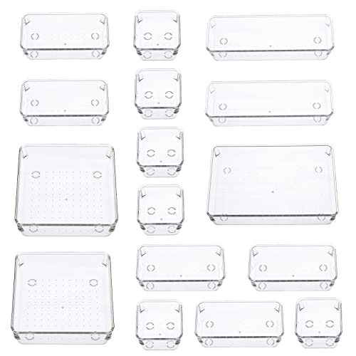 Cq acrylic 16-Piece Clear Plastic Drawer Dividers Organizer Tray for Makeup,Kitchen Utensils,Jewelries and Gadgets,5 Sizes Plastic Vanity Drawer Organizers and Storage Bins Clear