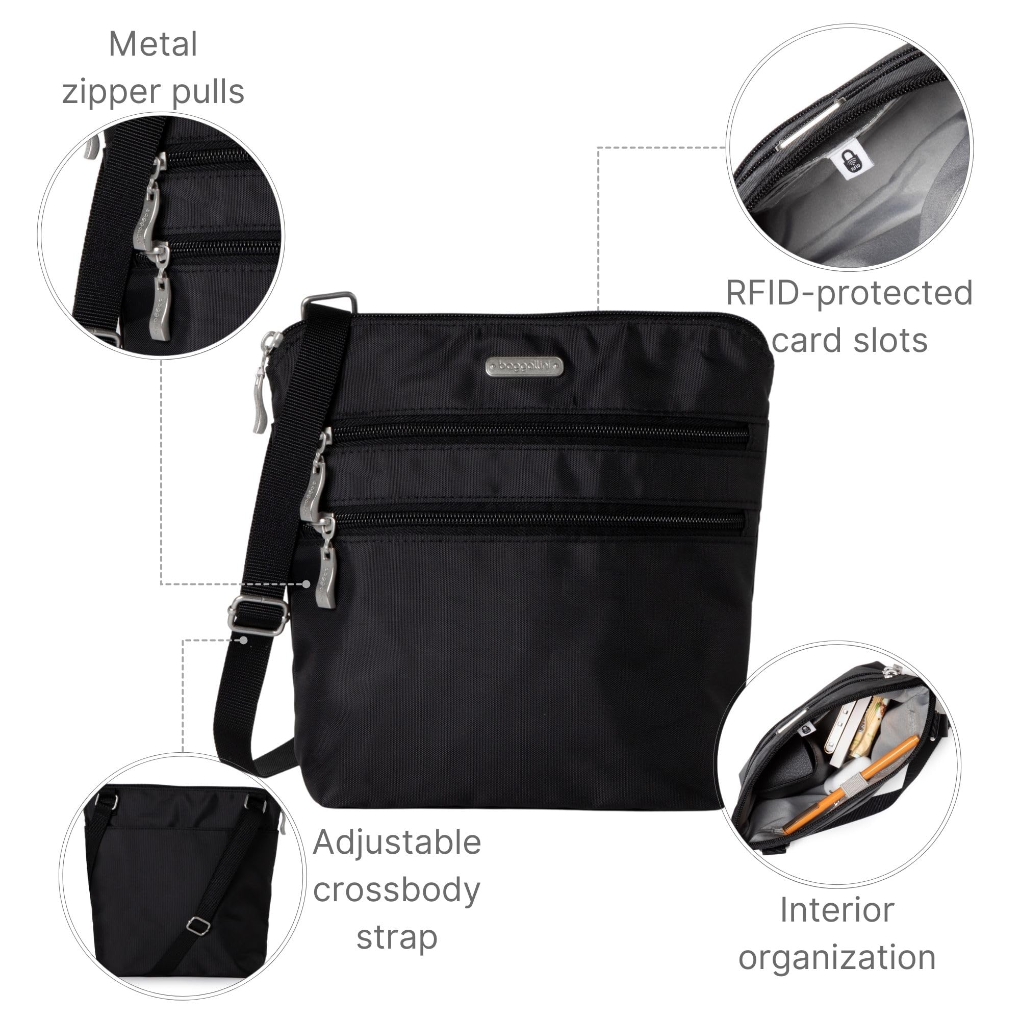 Baggallini Essential Crossbody Bag for Women - Built-in RFID Card Holder - Cross Body Purse with Quick-access Phone Pocket