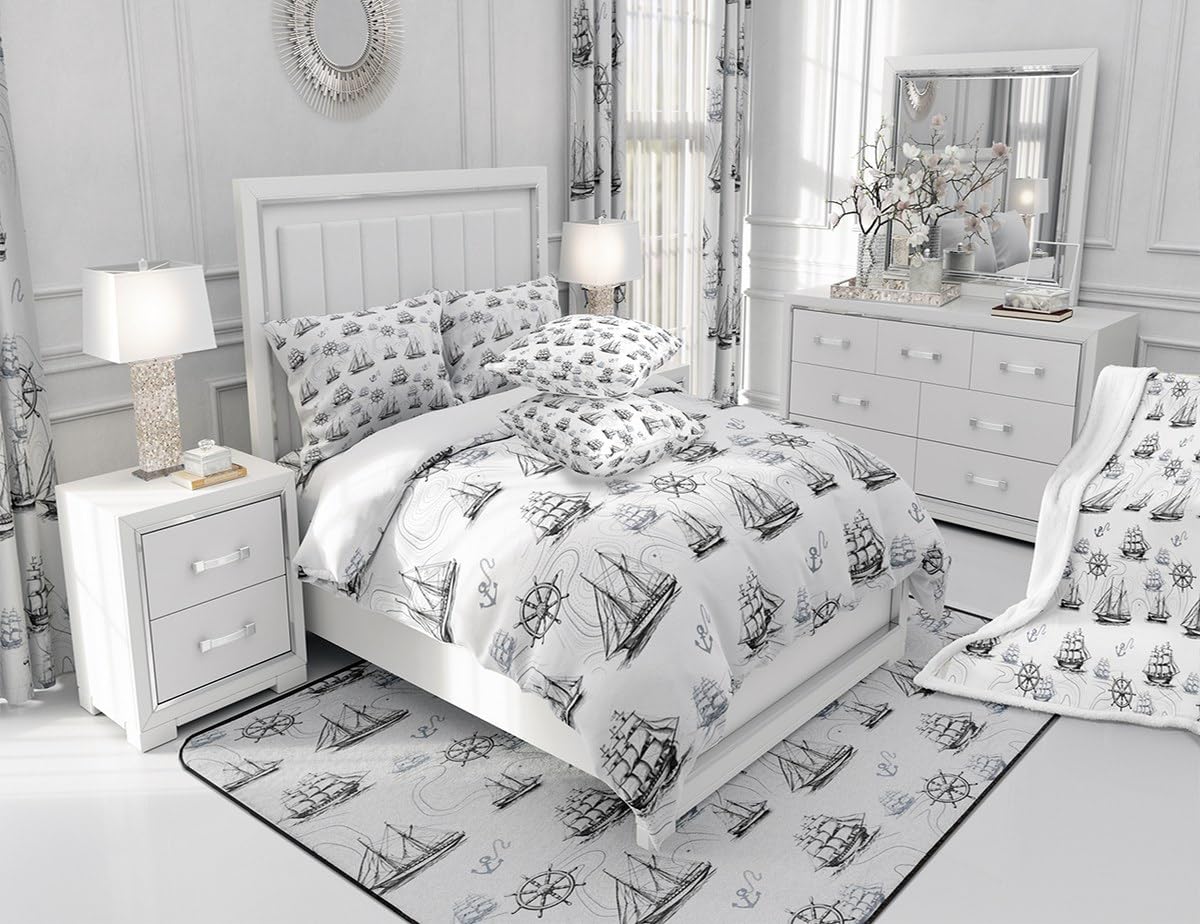 Feelyou Nautical Bedding Set Full Size Boat Print Comforter Cover Set for Kids Teens Adults Ancher Pattern Duvet Cover Ocean Themed Black White Bedspread Cover Room Decor 3Pcs with 2 Pillow Case