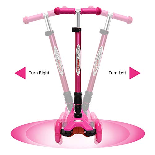 ChromeWheels Scooters for Kids, Deluxe Kick Scooter Foldable 4 Adjustable Height 132lbs Weight Limit 3 Wheel, Lean to Steer LED Light Up Wheels, Best Gifts for Girls Boys Age 3-12 Year Old, Pink