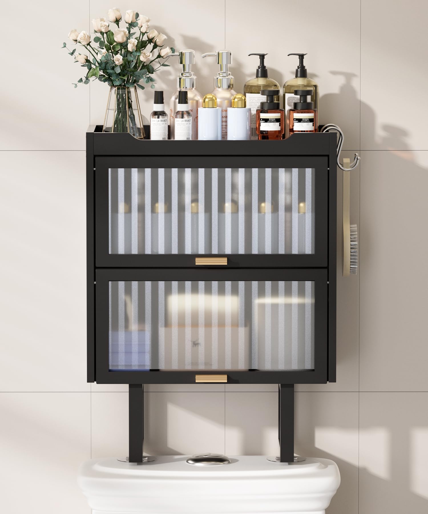 Cozivolife Over The Toilet Storage Cabinet,Bamboo Bathroom Organizer Rack with Lid and 2 Hooks,Space Saver Shelf for Bathroom,No Drilling Design Wall Mounted (Black, L)