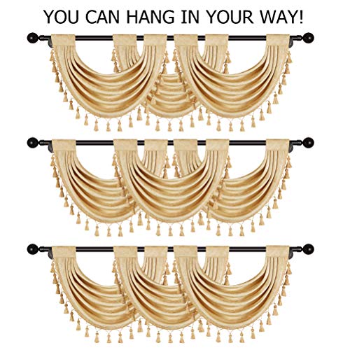 ELKCA Thick Chenille Waterfall Swag Valances for Living Room Gold Valance Window Curtains for Kitchen,Pack of 2 (Gold, 30" W x 22" L)