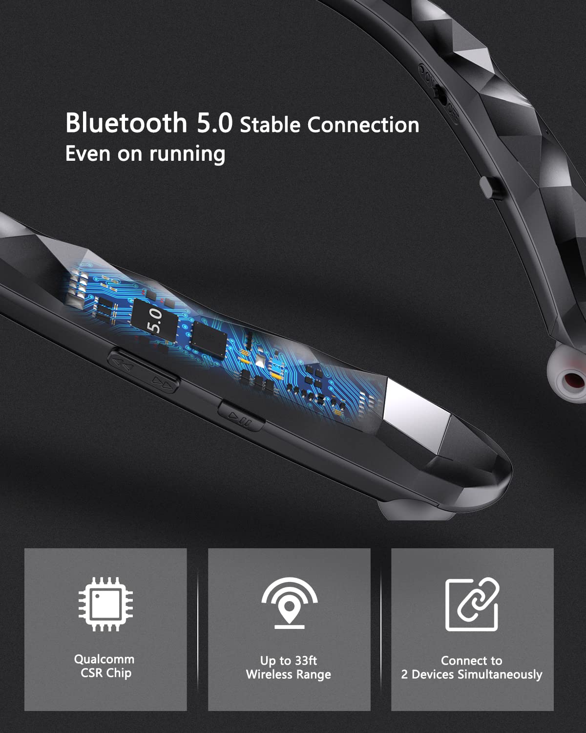 Bluetooth Headphones, Bluetooth 5.0 Neckband Wireless Headphones with CVC 8.0 Mic & Retractable Earbuds, Stereo Headset Earphones Compatible with iPhone Sony Samsung Android (Black)