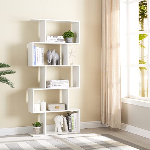 Cozy Castle Set of 2 Geometric Bookcase, S-Shaped Modern Bookshelf, Room Divider Bookshelf, 62" Tall Unique Abstract Bookcase with 5-Tier Display Shelf for Living Room Office, White