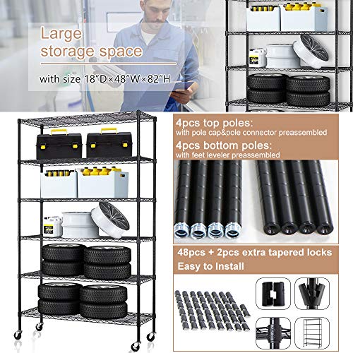 BLKMTY Metal Shelf 6 Tier Metal Storage Shelf Heavy Duty Wire Rack Shelves Wire Shelving Unit with Wheels Standing Shelf Units Height Adjustable Utility Commercial Grade Garage Shelves, Black