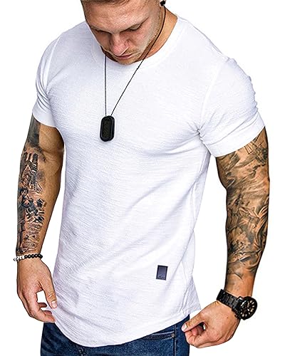 Fashion Mens T Shirt Muscle Gym Workout Athletic Shirt Cotton Tee Shirt Top White Large