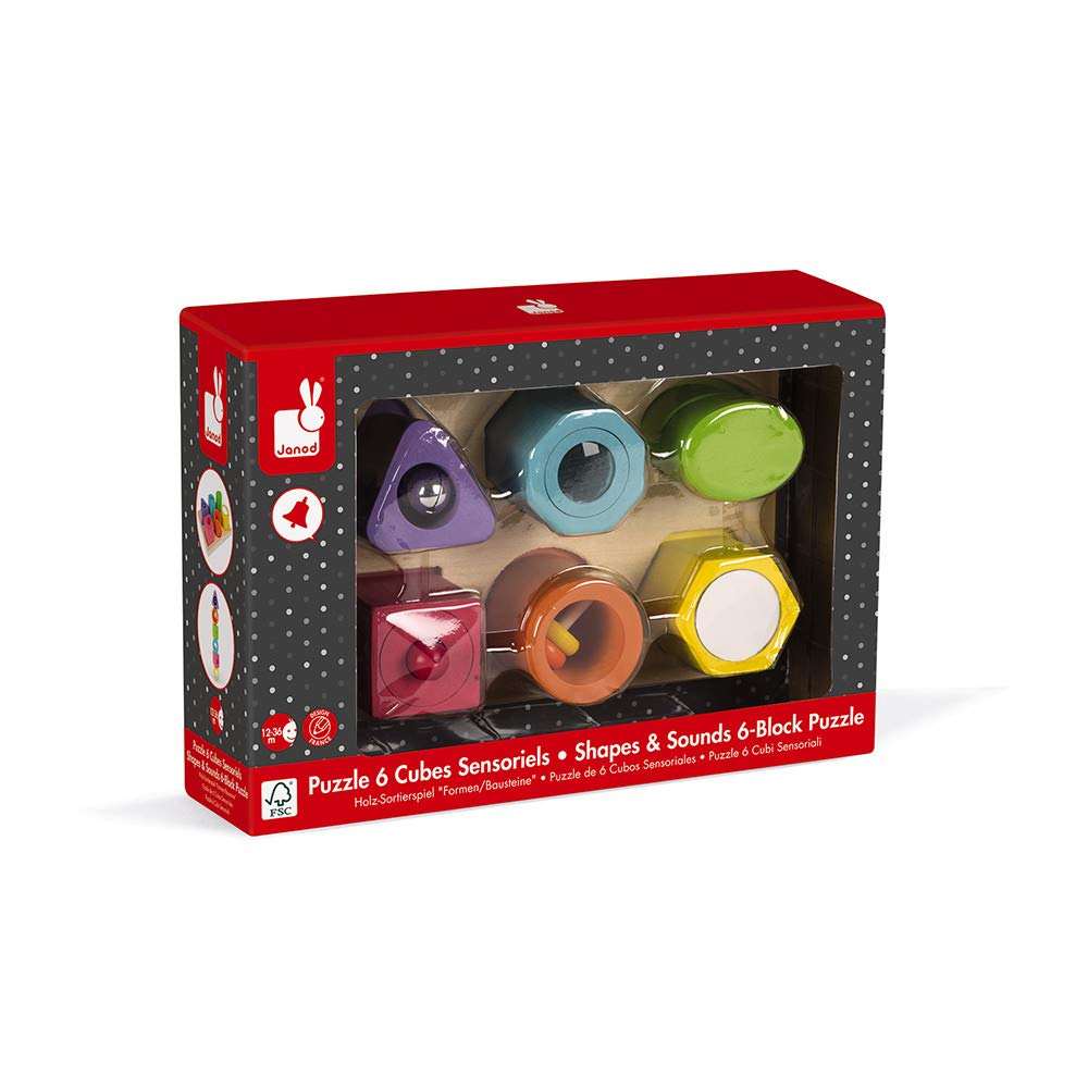 Janod I Wood – Shapes and Sounds 6 Block Puzzle – Ages 12 Months+ - J05332