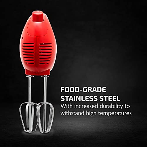 OVENTE Portable 5 Speed Mixing Electric Hand Mixer with Stainless Steel Whisk Beater Attachments & Snap Storage Case, Compact Lightweight 150 Watt Powerful Blender for Baking & Cooking, Red HM151R