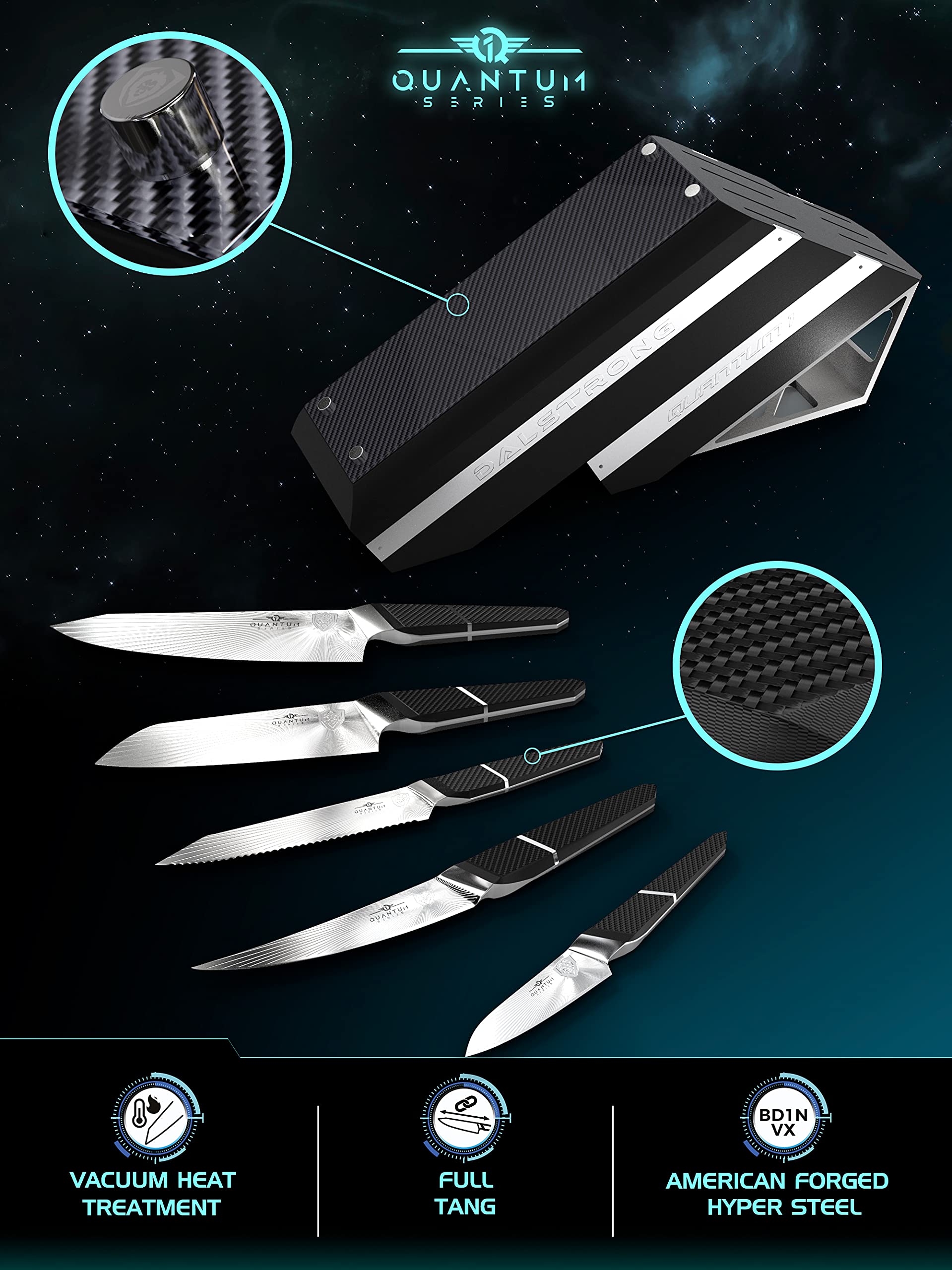 Dalstrong Knife Block Set - 5 Piece - Quantum 1 Series - American Forged BD1N-VX Hyper Steel - Carbon Fibre G10 Hybrid Handle - Professional Kitchen Set - Knife Set