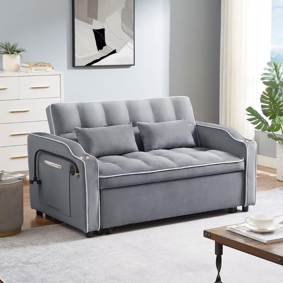 BearDen Creations 3 in 1 Convertible Sleeper Sofa Couch Bed, Velvet Tufted Loveseat Futon Sofa w USB&Type C Port/Pull Out Bed, Adjustable Backrest,Multi-Pockets for Living Room Apartment Small Space