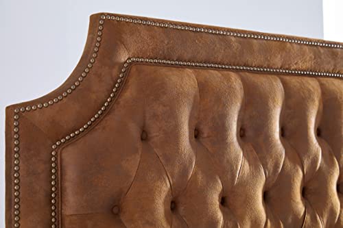 Design 59 D59 Distressed Vegan Leather Upholstered Tufted Button Queen Headboard with Brass Nailheads Queen/Full Size Headboard β Adjustable Height (Chestnut Vegan Leather)