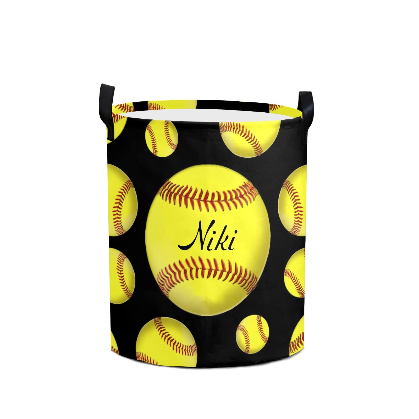 BigBigift Softball Pattern Round Laundry Basket Personalized with Name Waterproof Canvas Clothes Basket Laundry Hamper with Handles for Kids Room Bedroom Gift Baskets