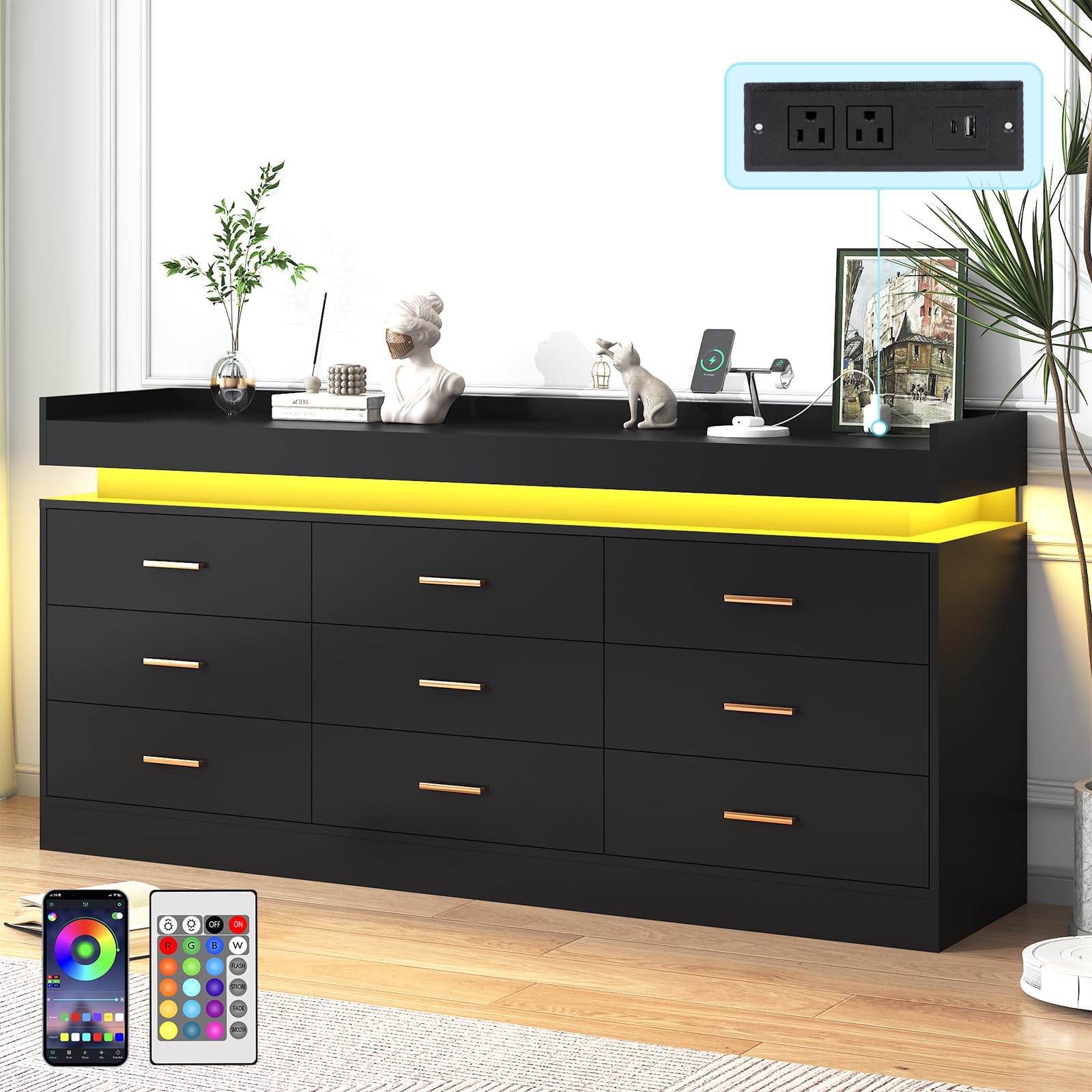 jiteentarou 9 Drawer Dresser with Charging Station and LED Lights, Modern Chest of Drawers with Power Outlet, Organizer Cabinet for Bedroom, Living Room, Entryway, Black