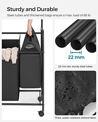 SONGMICS 4-Section Laundry Sorter, Rolling Laundry Cart with Hanging Bar, Laundry Organizer, Hampers for Laundry, Heavy-Duty, Lockable Wheels, 4 x 13.2 Gal., Black URLS44B