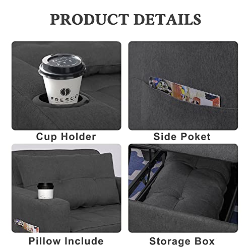 DURASPACE Futon Sofa Bed, 3 in 1 Convertible Sofa Chair Bed, Adjustable Backrest Chair, Chaise Lounge with USB Ports, Cup Holder, Side Pocket, Storage Box for Living Room (Dark Gray Linen)