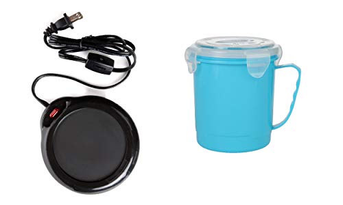 Home-X Mug Warmer, Desktop Heated Coffee & Tea - Candle & Wax Warmer (Black) and Microwave Soup Mug with Secure Snap Close Vented Lid, 22 Ounce, Blue